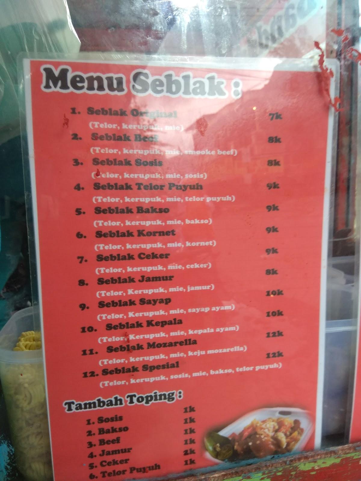 Menu at De Seblak restaurant, Semarang