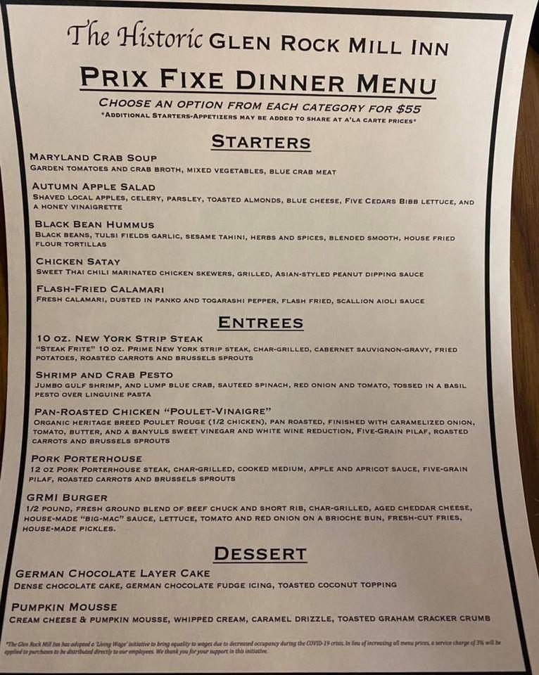 Menu at Glen Rock Mill Inn pub & bar, Glen Rock