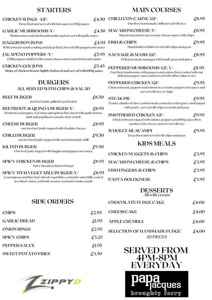 Menu at Papa Jacques pub & bar, Dundee