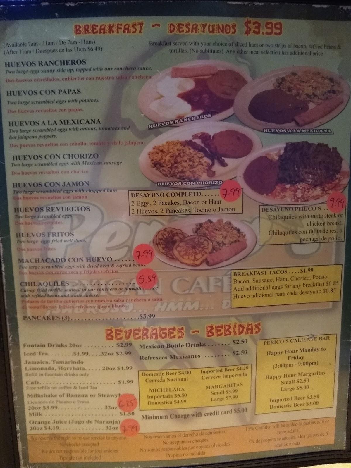 Menu at Pericos Mexican Cafe, Houston