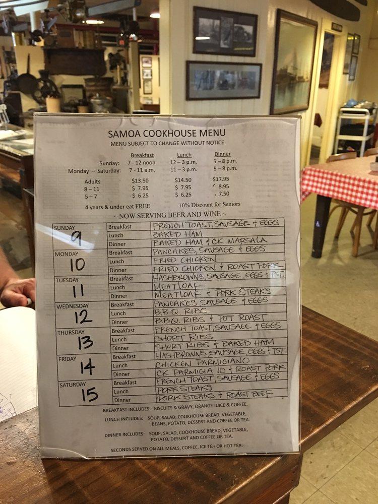 Carta del restaurante Samoa Cookhouse, Samoa, Off Cookhouse Road