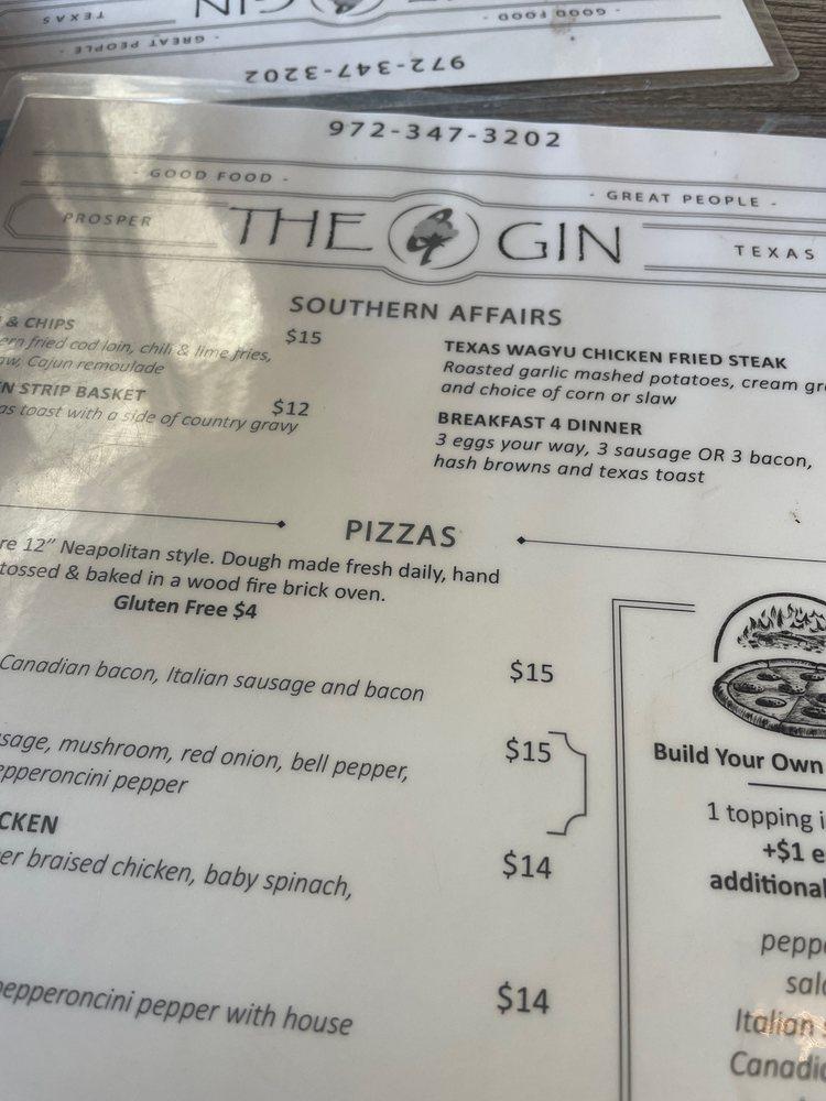 Menu at The Gin pub & bar, Prosper, 204 W Broadway St
