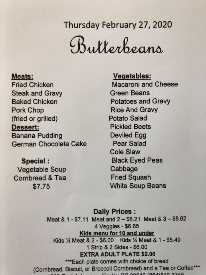 Menu at Butterbeans Restaurant, Easley