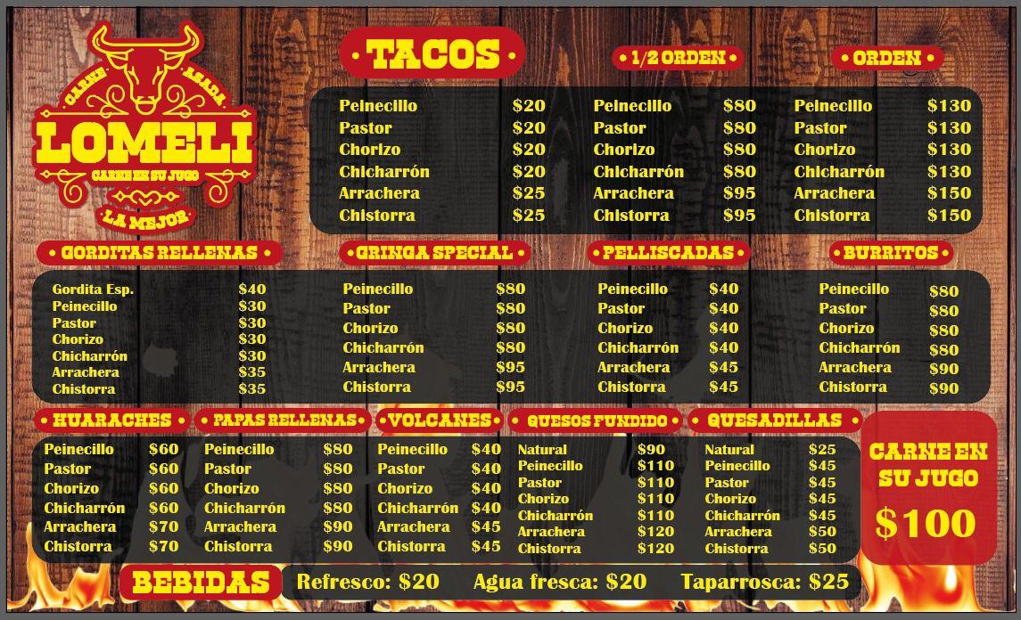 Menu at CARNES ASADAS LOMELI restaurant, Tesistán