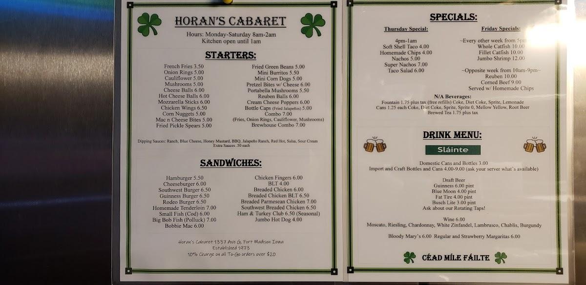Menu at Cabaret, Fort Madison