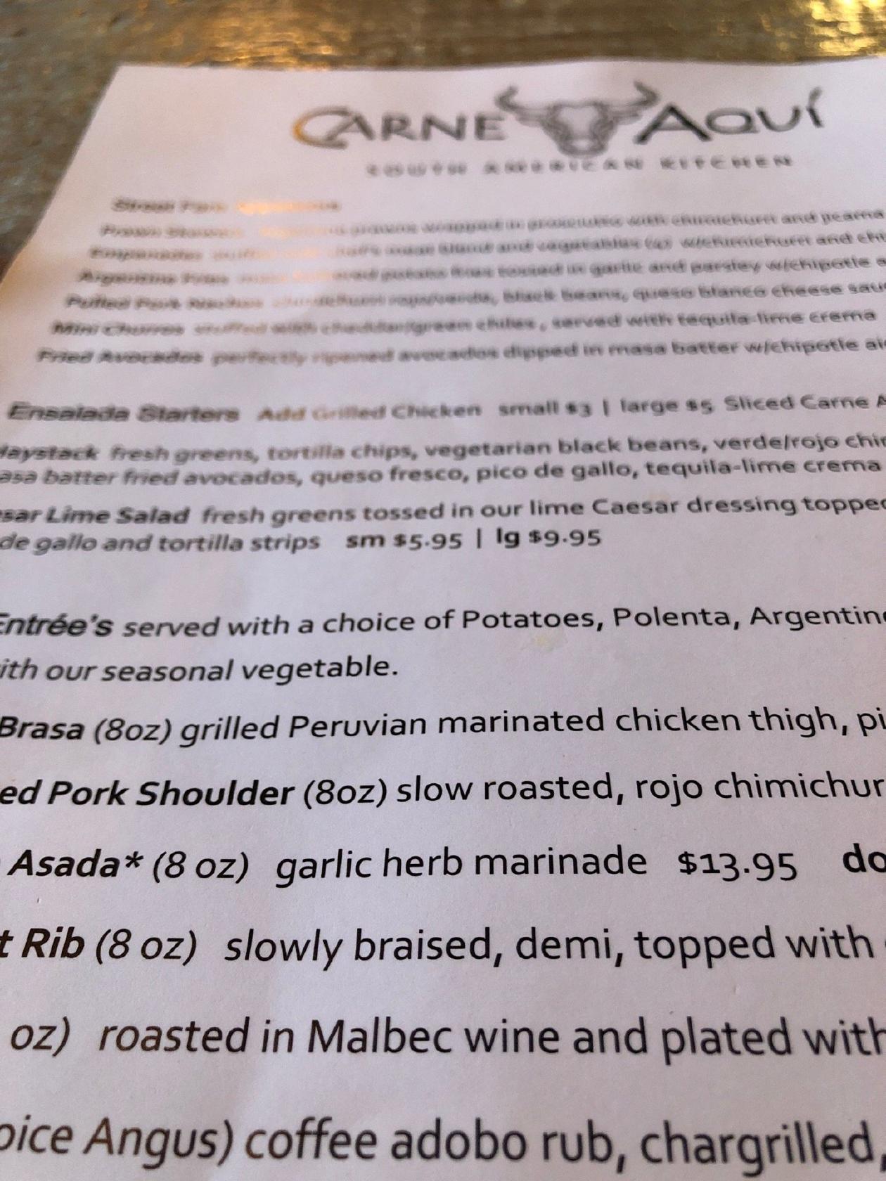 Menu at Carne Aqui restaurant, Tacoma, Pacific Ave S