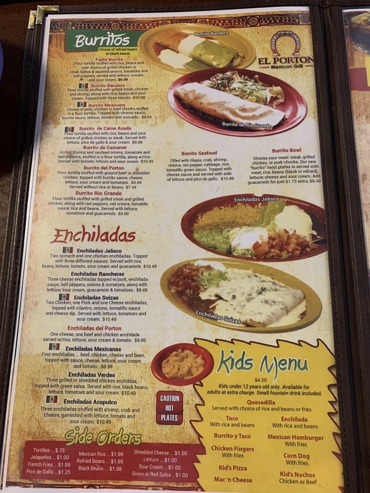 Menu at El Porton Mexican Grill restaurant, Shenandoah
