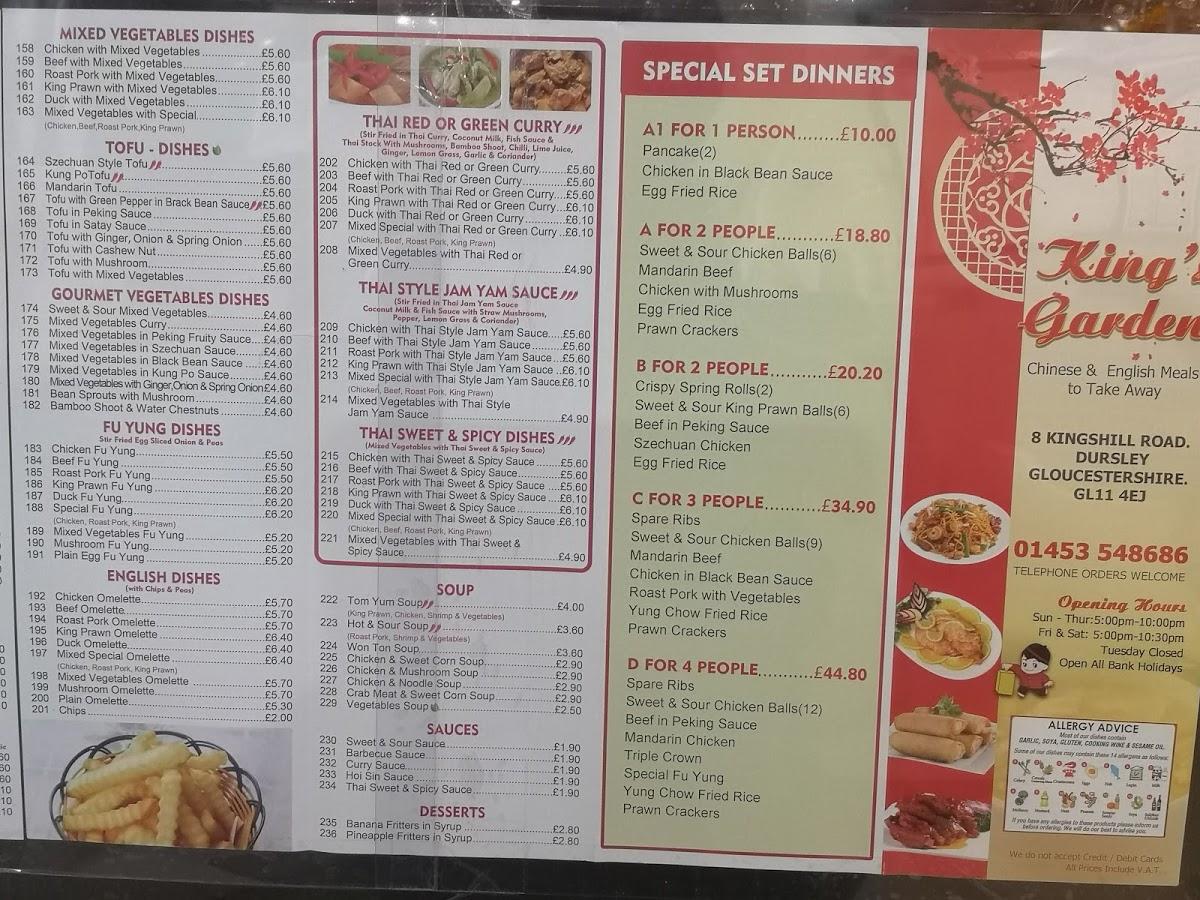 Menu at Kings Garden fast food, Dursley