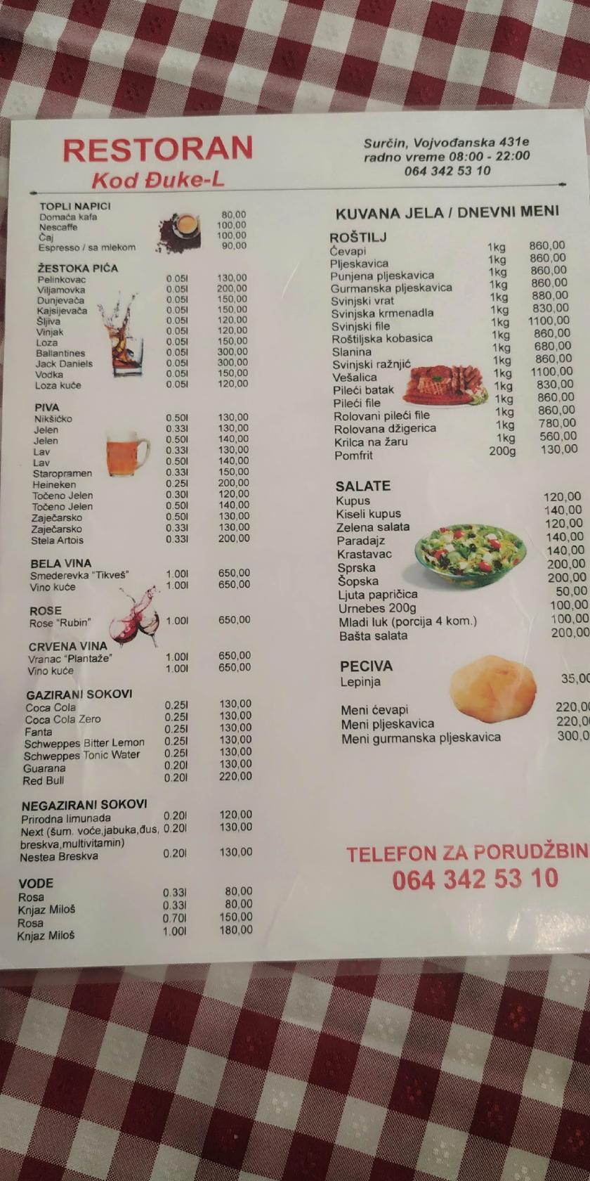 Menu at Kod Đuke restaurant, Surčin