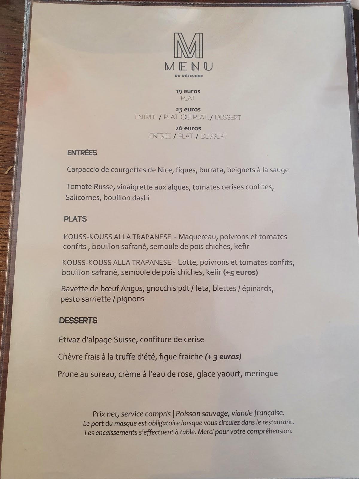 Menu at Ourea restaurant, Marseille