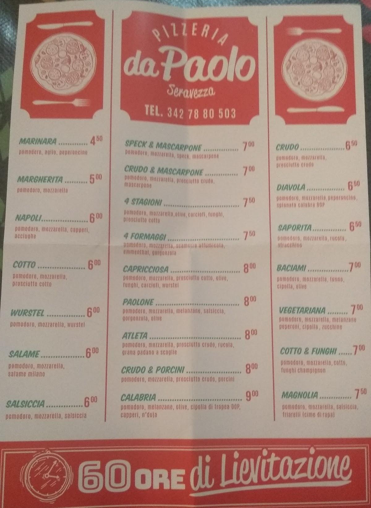 Menu at Pizzeria da Paolo, Seravezza