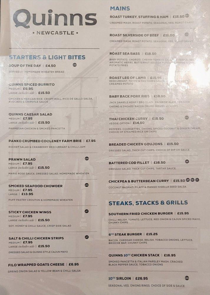 Menu at Quinns Bar, Newcastle