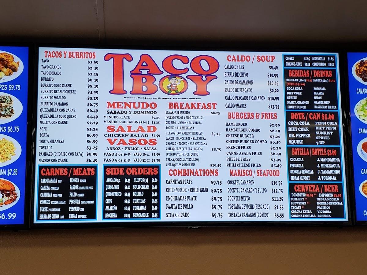 Carta del restaurante Taco boy, Maywood