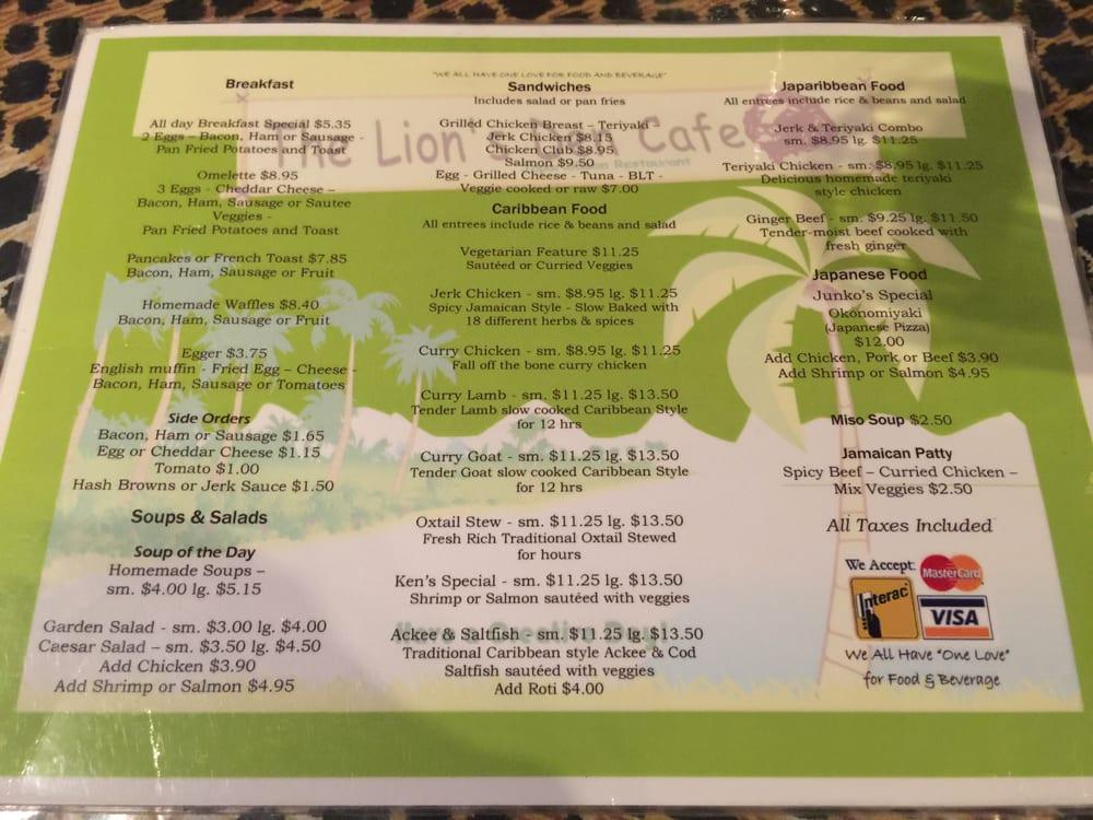 Menu at The Lion's Den Cafe, Vancouver
