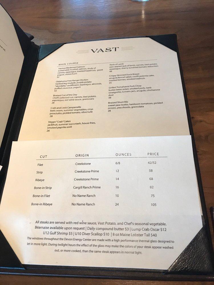 Menu at Vast restaurant, Oklahoma City