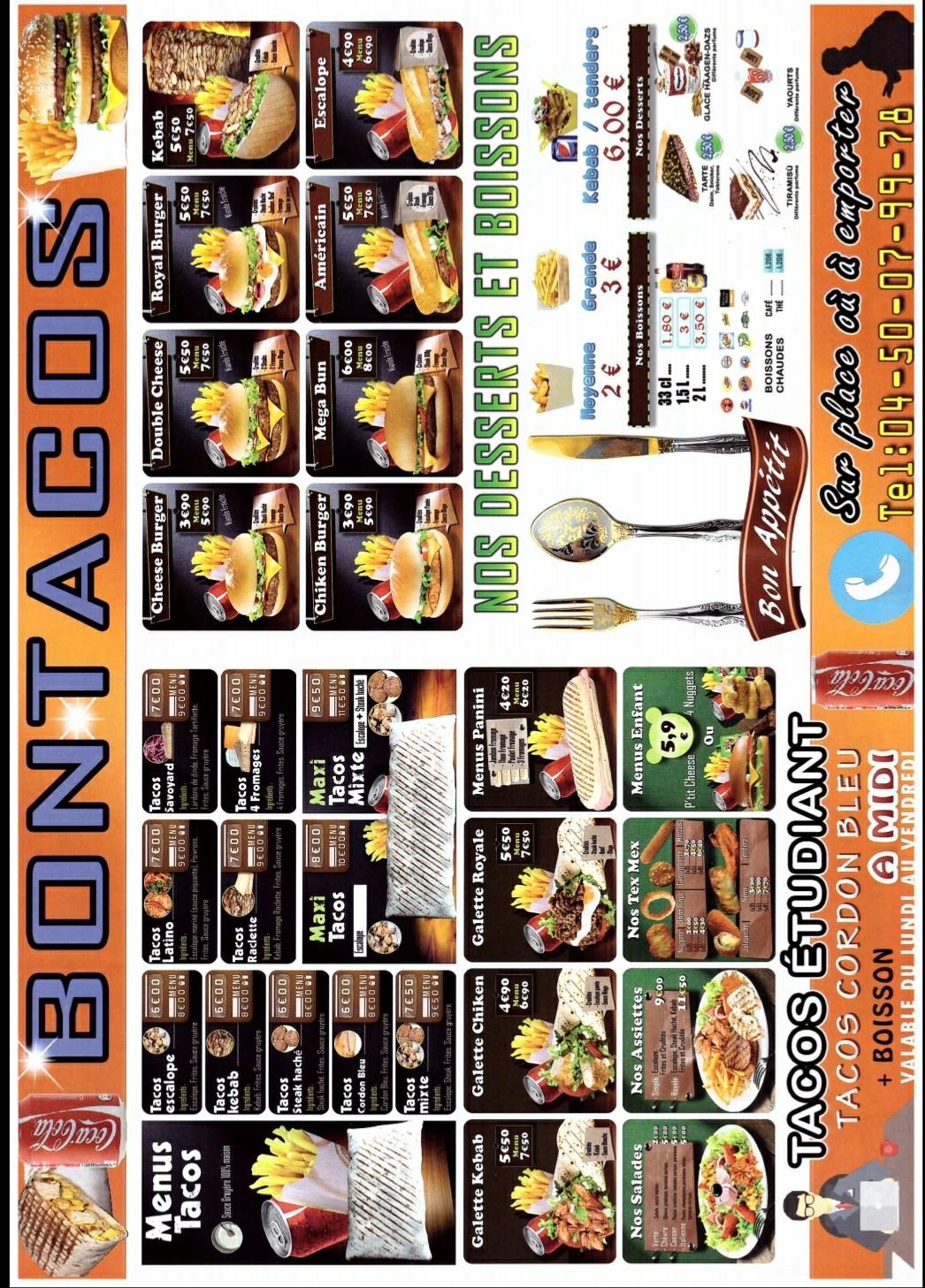 Menu au Bontacos - Kebab - Burger - Tacos Bonneville 74130 restaurant ...