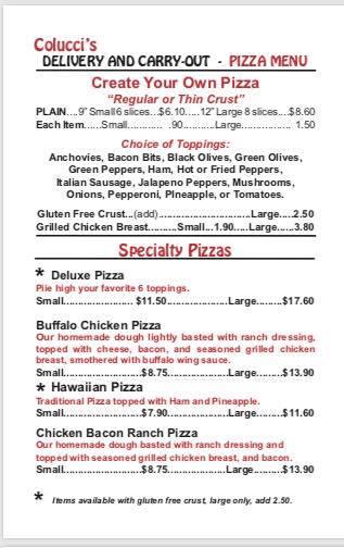 Menu at Colucci's Pizza pizzeria, Jefferson