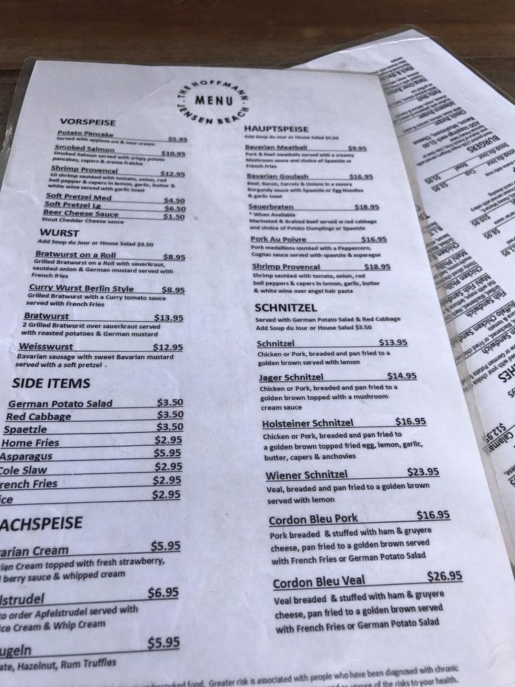Menu at The Hoffmann restaurant, Jensen Beach