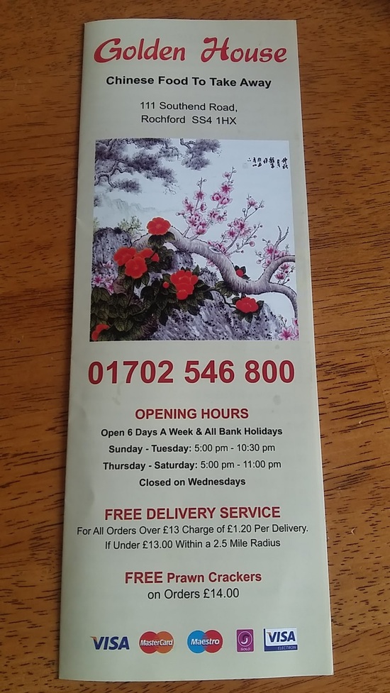 Golden House in Rochford - Restaurant menu and reviews
