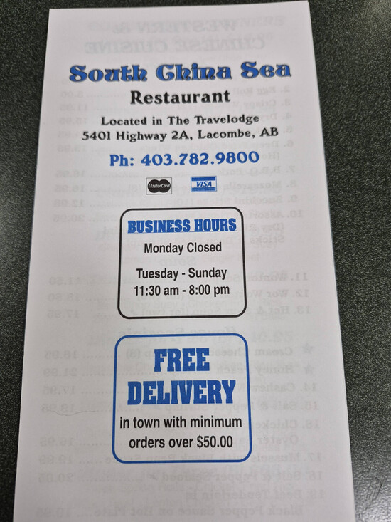 Original South China Sea Restaurant, Lacombe - Restaurant menu, prices ...