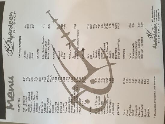 Aberdeen Fish Shop, Gisborne - Restaurant menu, prices and reviews