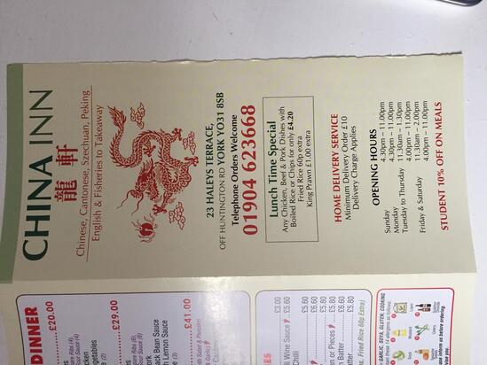 China Inn, York - Restaurant menu, prices and reviews