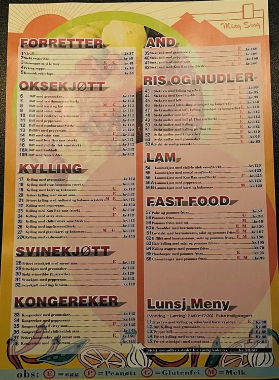 Ming Sing, Ålgård - Restaurant menu, prices and reviews