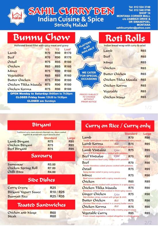 SAHIL CURRY DEN ...STRICTLY HALAAL, Pretoria - Restaurant menu, prices ...