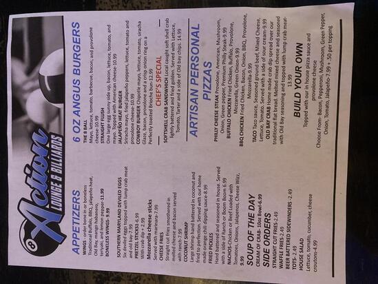 Action Lounge and Billiards, Leonardtown - Restaurant menu, prices and ...