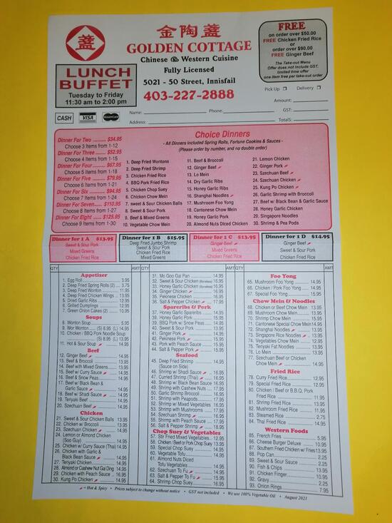 Golden Cottage, Innisfail - Restaurant menu, prices and reviews