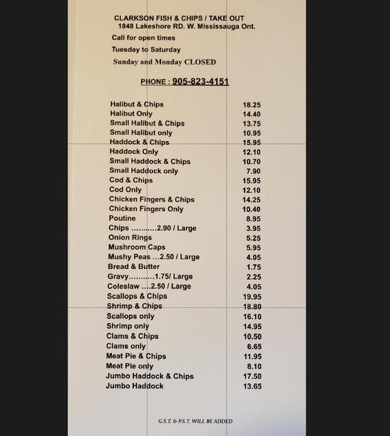 Menu at Clarkson Fish & Chips restaurant, Mississauga