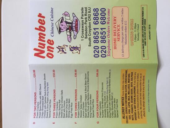 Number One Chinese Cuisine, South Croydon - Restaurant menu, prices and ...
