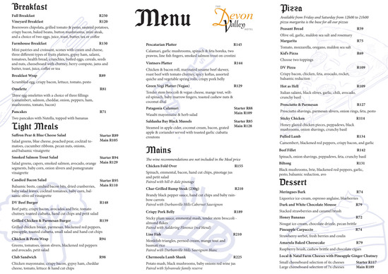 Menu at Devon Valley Hotel - Stellenbosch restaurant, Stellenbosch