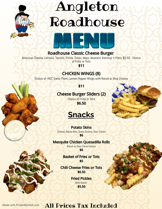 Menu at Roadhouse Bar, Angleton
