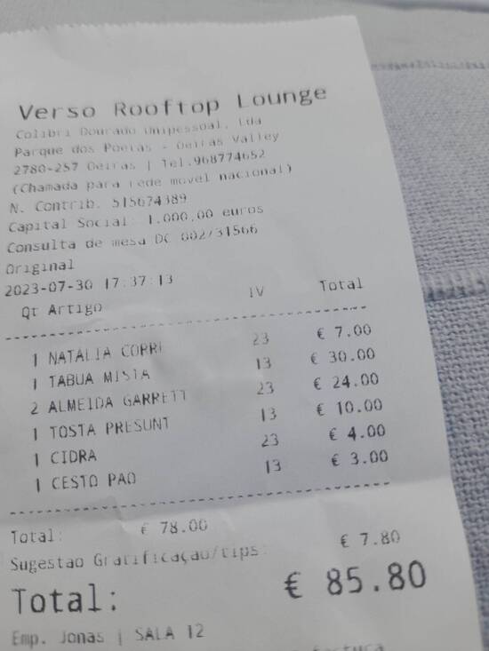 Verso Rooftop, Oeiras - Menu do restaurante, preços e opiniões