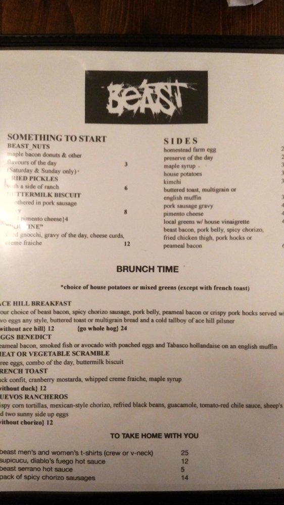 Menu at Beast Pizza restaurant, Toronto
