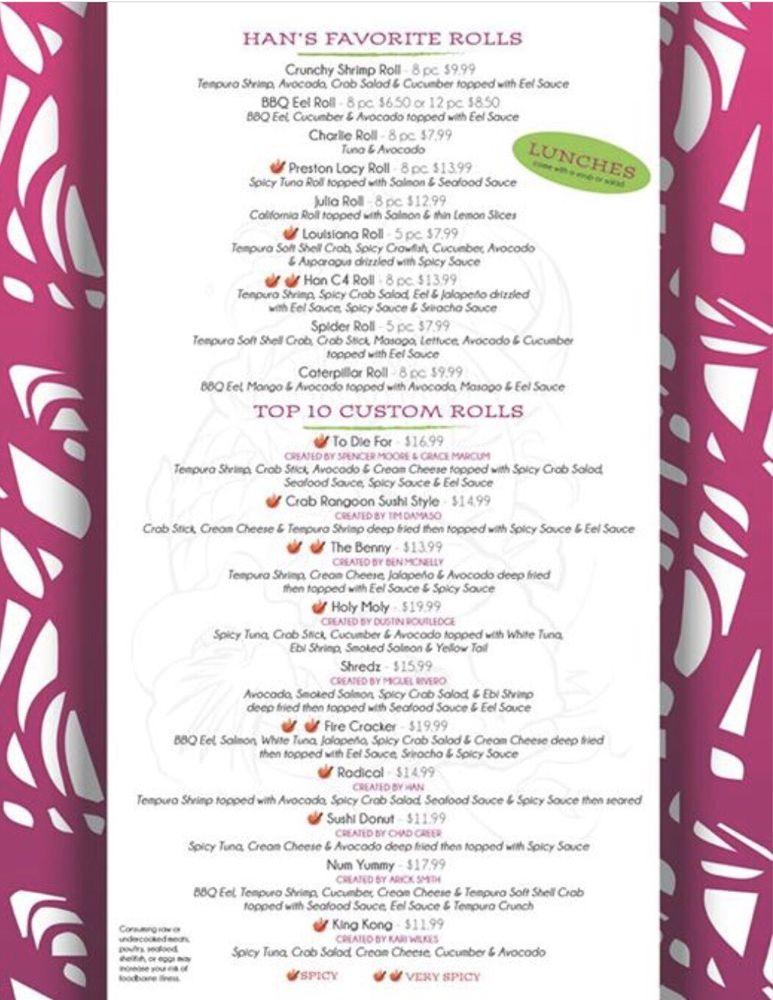 Menu at Han the Sushi Man restaurant, Joplin