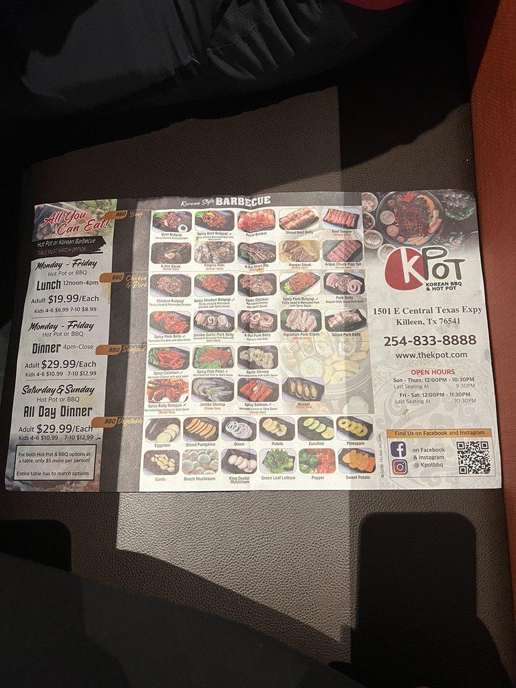 Menu at KPOT Korean BBQ & Hot Pot, Killeen