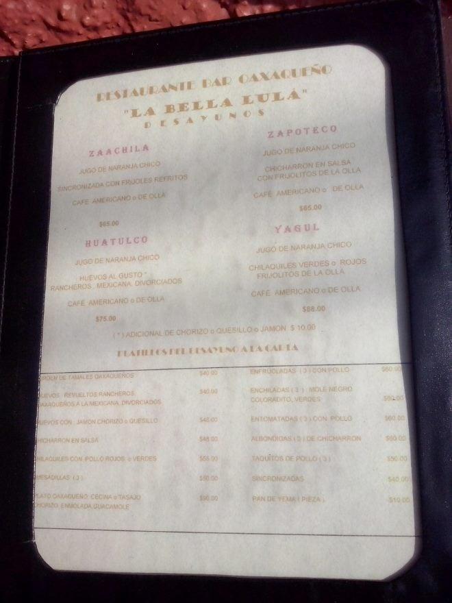 Menu at La Bella Lula restaurant, Mexico City, Miguel Ángel de Quevedo ...
