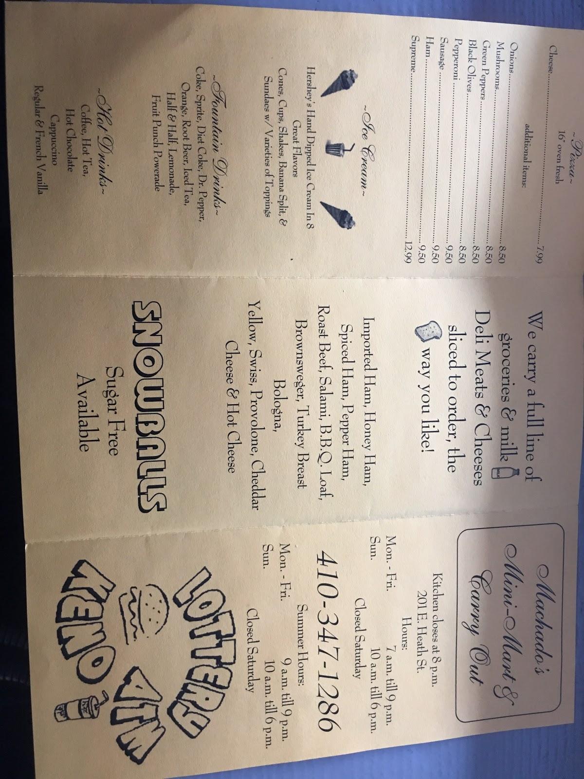 Carta del restaurante Machados Mini Mart, Baltimore