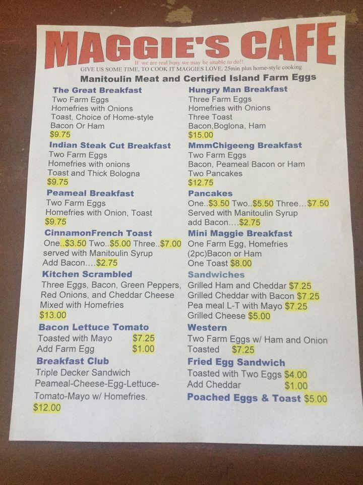 Menu at Maggie's Cafe, M'Chigeeng