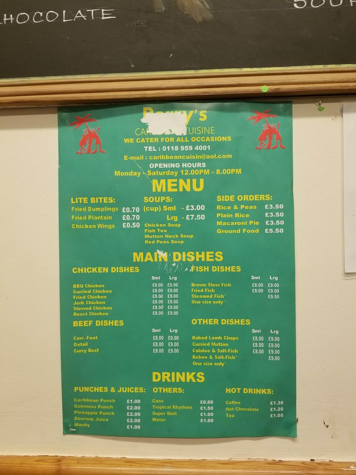 Menu at Perry's restaurant, Reading