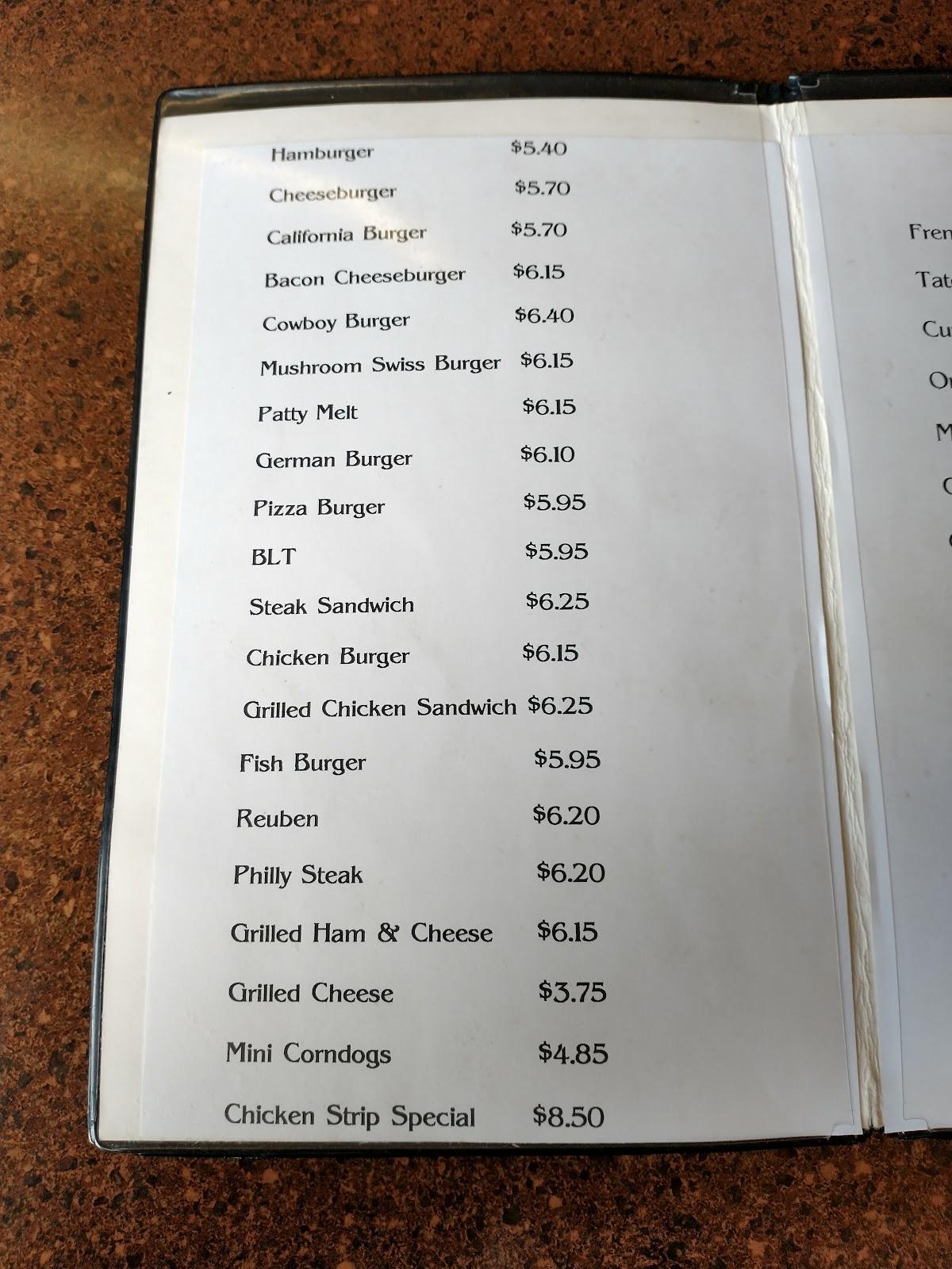 Menu at Pete's Grill restaurant, Hector