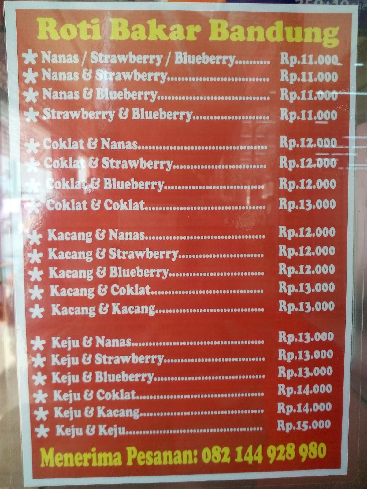 Menu at Roti Bakar Bandung Periangan restaurant, Denpasar