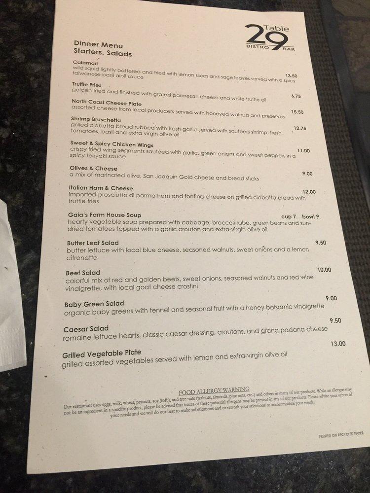 Menu at Table 29 Bistro & Bar, American Canyon