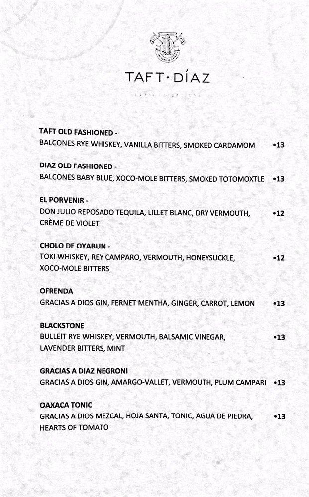 Menu at Taft-Diaz restaurant, El Paso