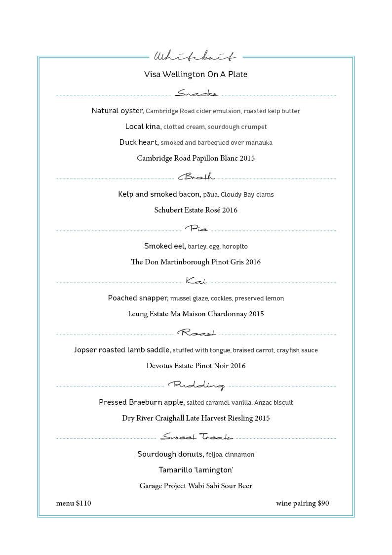 Menu at Whitebait restaurant, Wellington, G04/1 Clyde Quay Wharf
