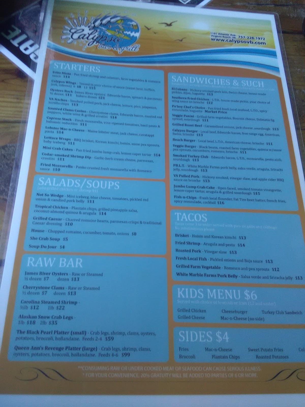 Menu at Calypso Bar & Grill, Virginia Beach