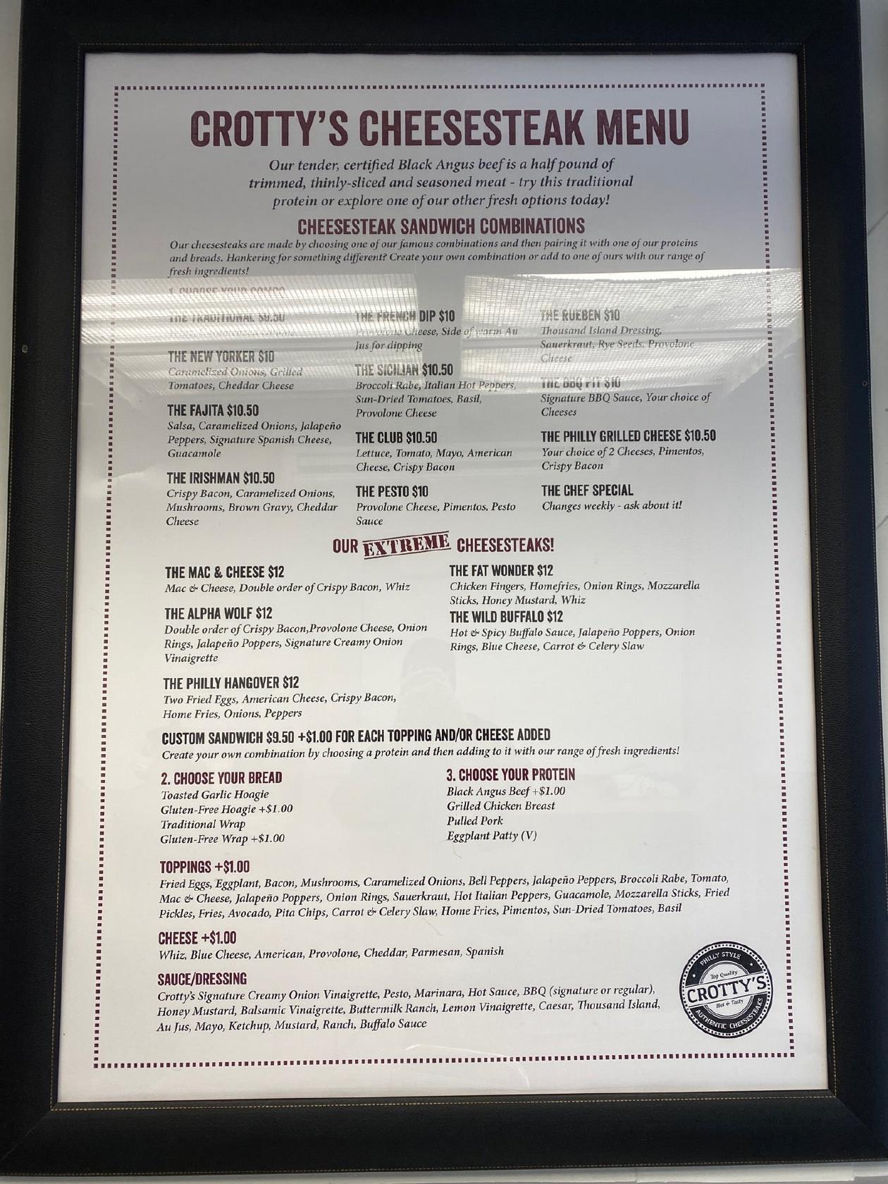 Menu at Crotty's Cheesesteaks fast food, New Rochelle
