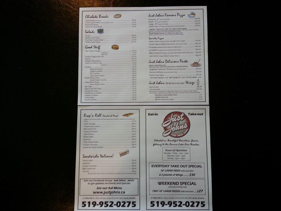 Menu at Just Johns Pizza, Pasta and Wings restaurant, Jarvis